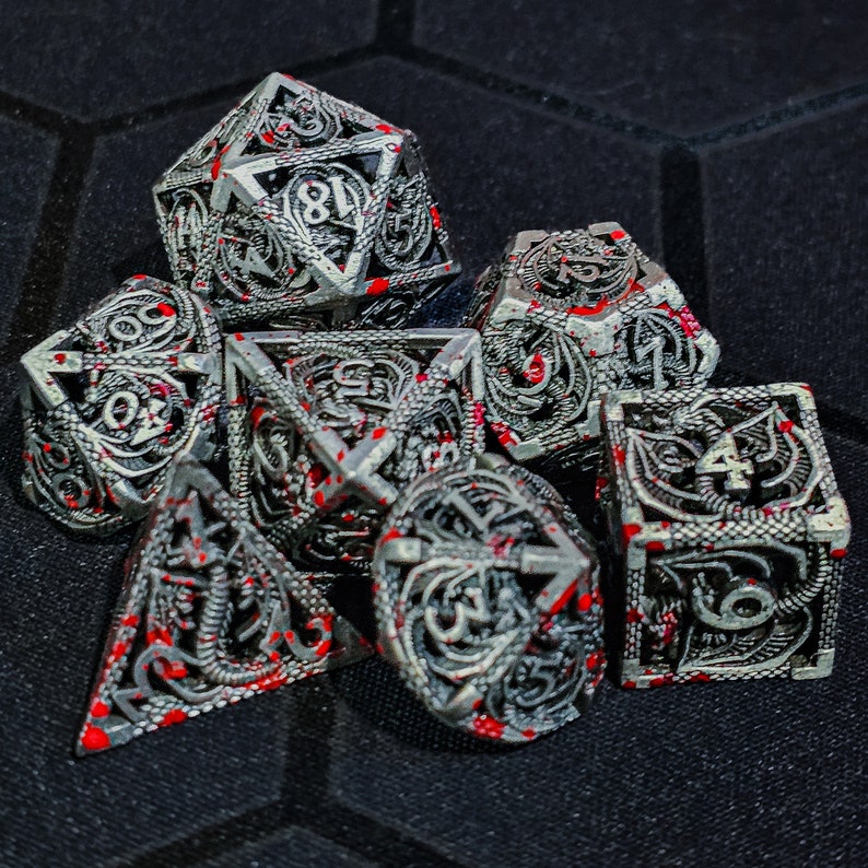 Metal Hollow Core DND Dice Silver Blood Spatter Dungeons and Dragons ...
