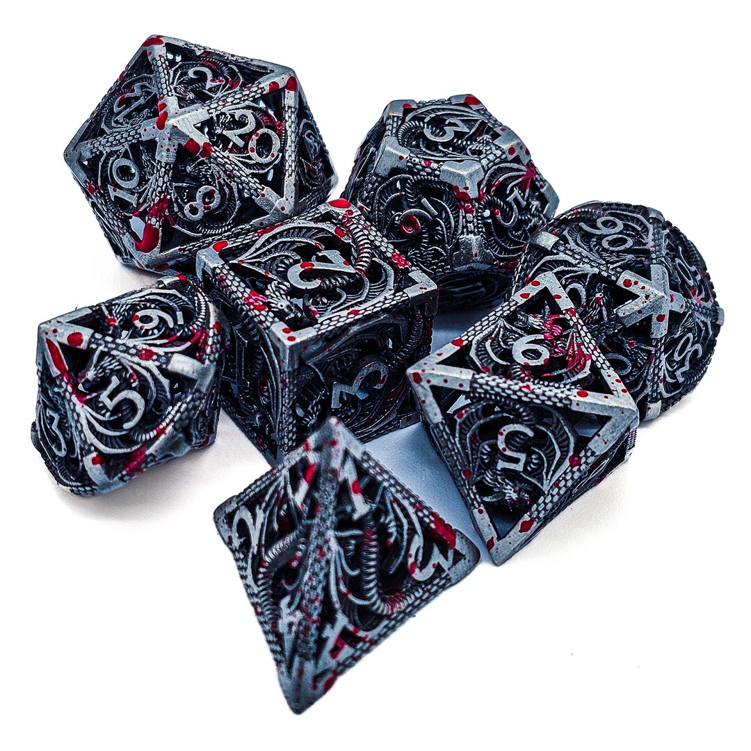 Metal Hollow Core DND Dice Silver Blood Spatter Dungeons and Dragons ...