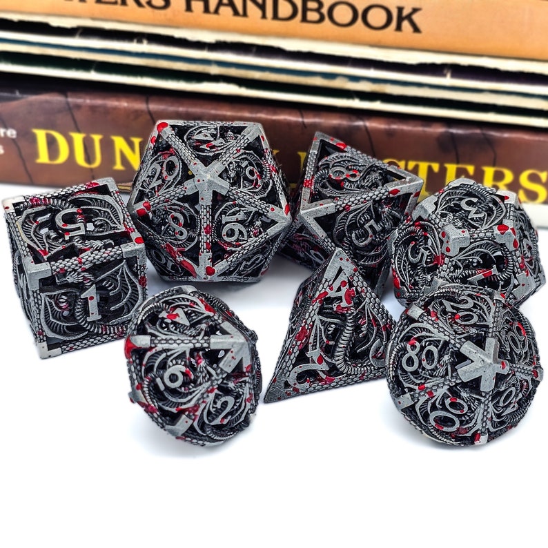Metal Hollow Core DND Dice Silver Blood Spatter Dungeons and Dragons ...