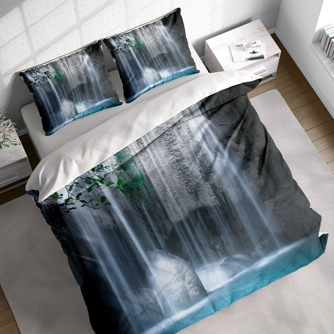 Waterfall Water Pool Duvet Cover Set, Nature Scenery Bedding Set, Green ...
