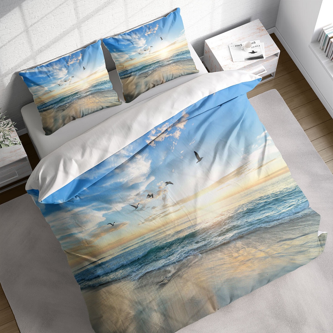 Sandy Beach Birds Duvet Cover Set, Summer Vacation Bedding Set, Seaside ...