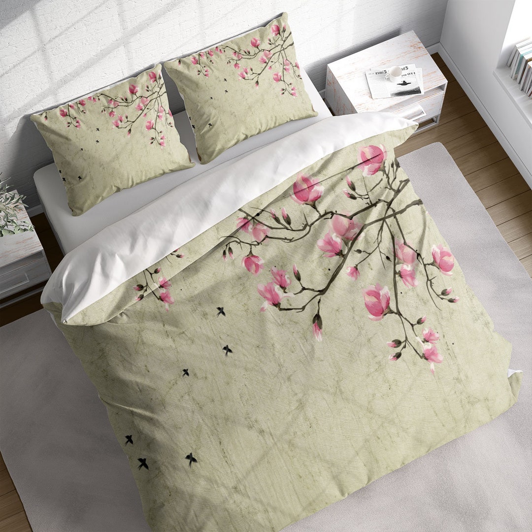 Pink Magnolia Flower Bird Duvet Cover Set, Botanical Quilt Cover ...