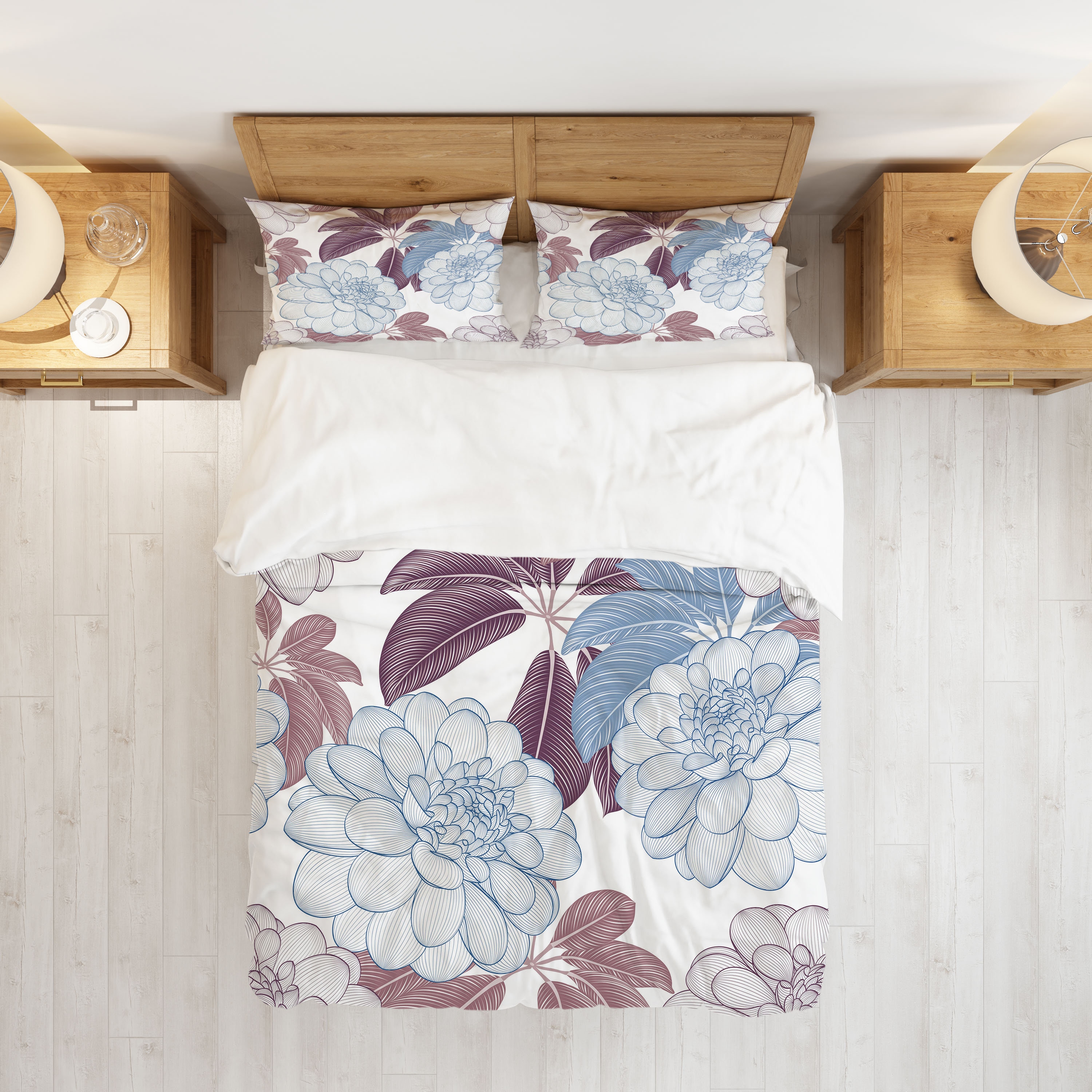 Pencil Drawing Flowers Botanical Duvet Cover Set, Blue Floral Bedding ...