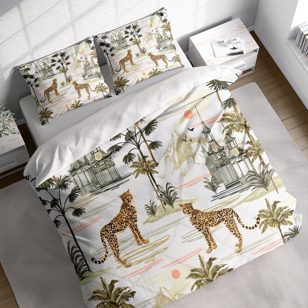 Palace Cheetah Tree Duvet Cover Set, Green Floral Bedding, Single ...