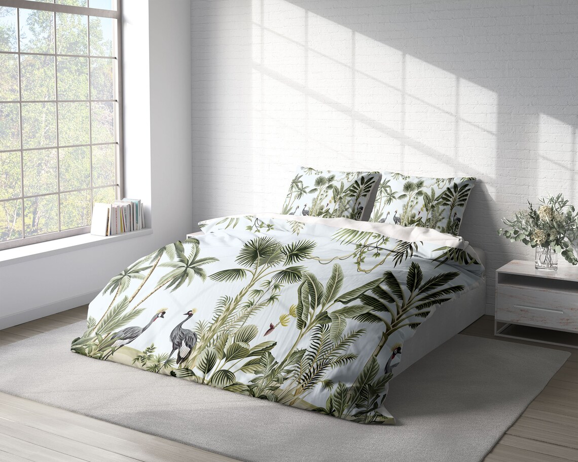 Rainforest Bird Peacock Duvet Cover Set, Green Floral Bedding, Single ...