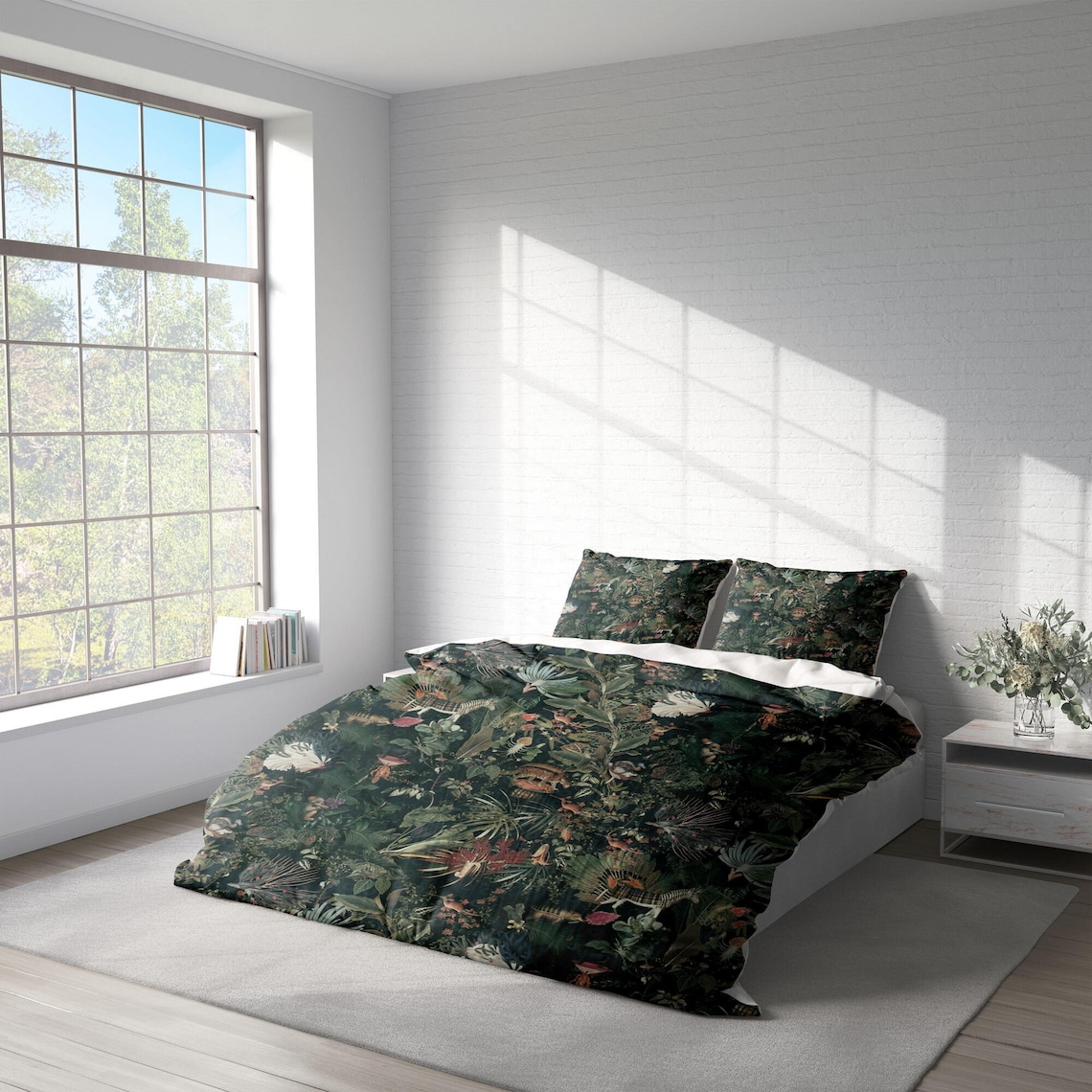 Forest and Wild Animals Duvet Cover Set, Nature Botanical Bedding Set ...