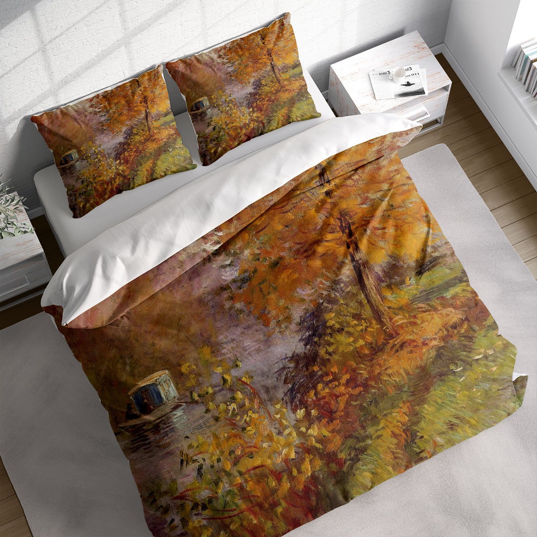 Autumn Leaves Riverside Duvet Cover Set, Claude Monet Oil Painting the ...