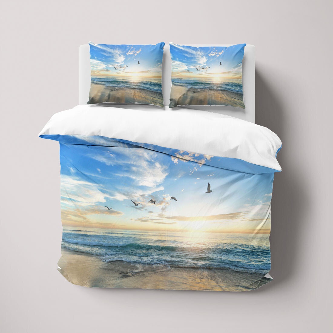 Sandy Beach Birds Duvet Cover Set, Summer Vacation Bedding Set, Seaside ...