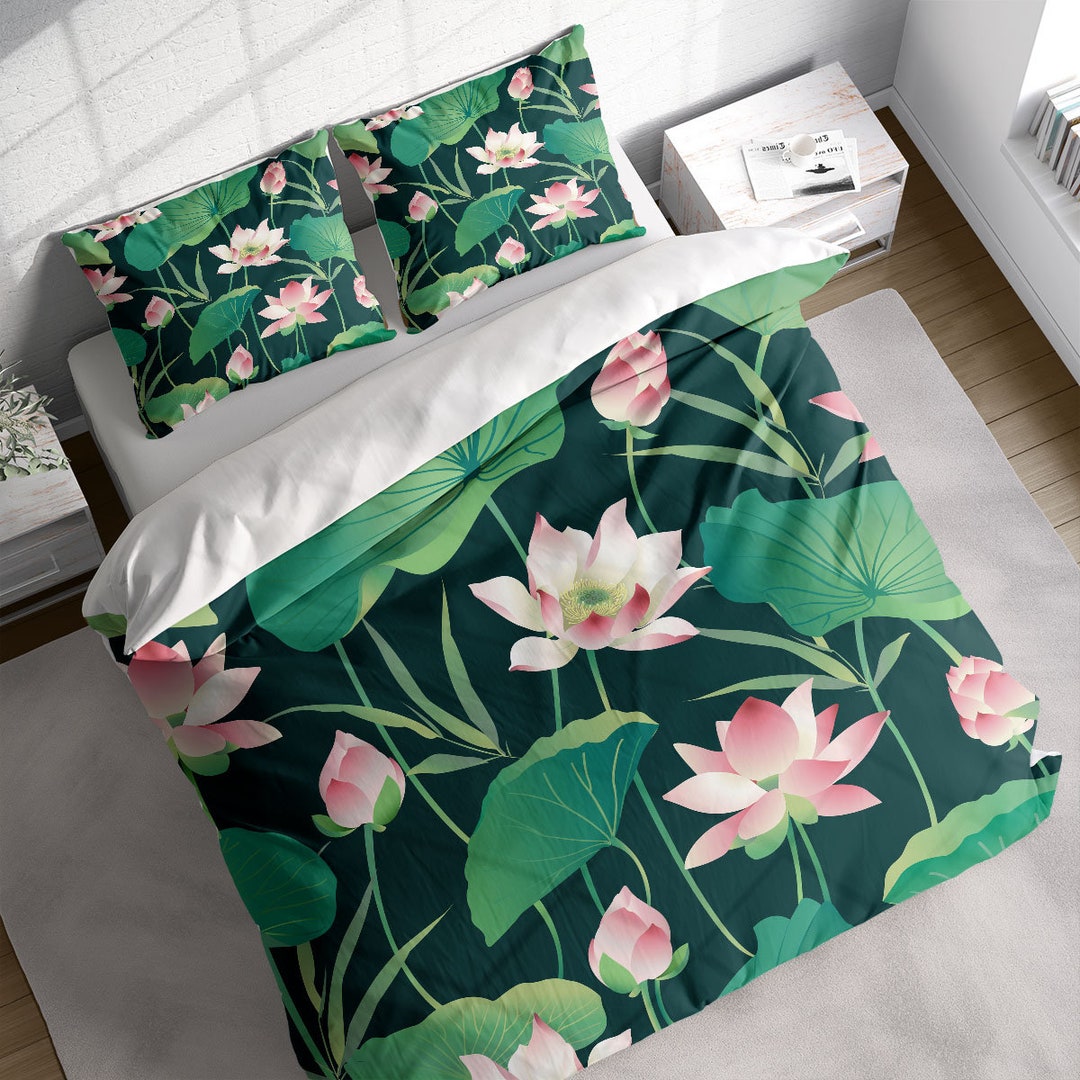 Lotus Flower Leaves Duvet Cover Set, Botanical Quilt Cover, Comforter ...