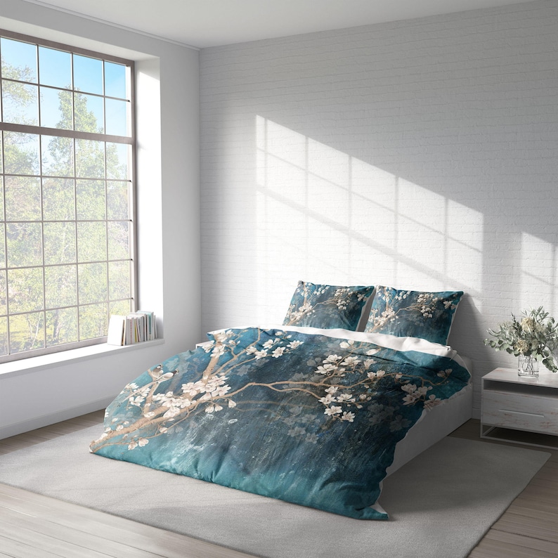 Japanese Cherry Blossom Bird Painting Duvet Cover Set, Blue White ...
