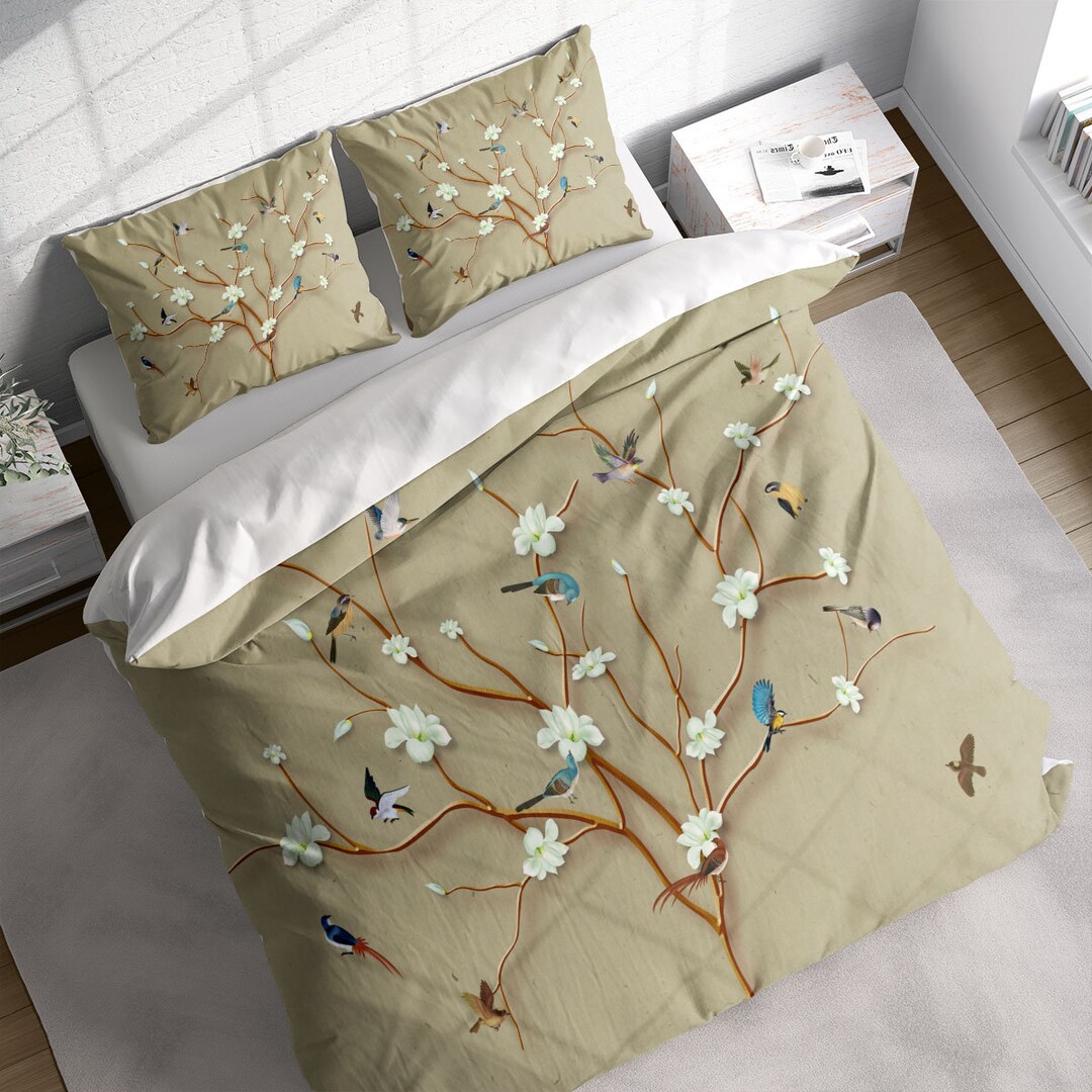 Magnolia Flower Bird Duvet Cover Set, Botanical Quilt Cover, Comforter ...