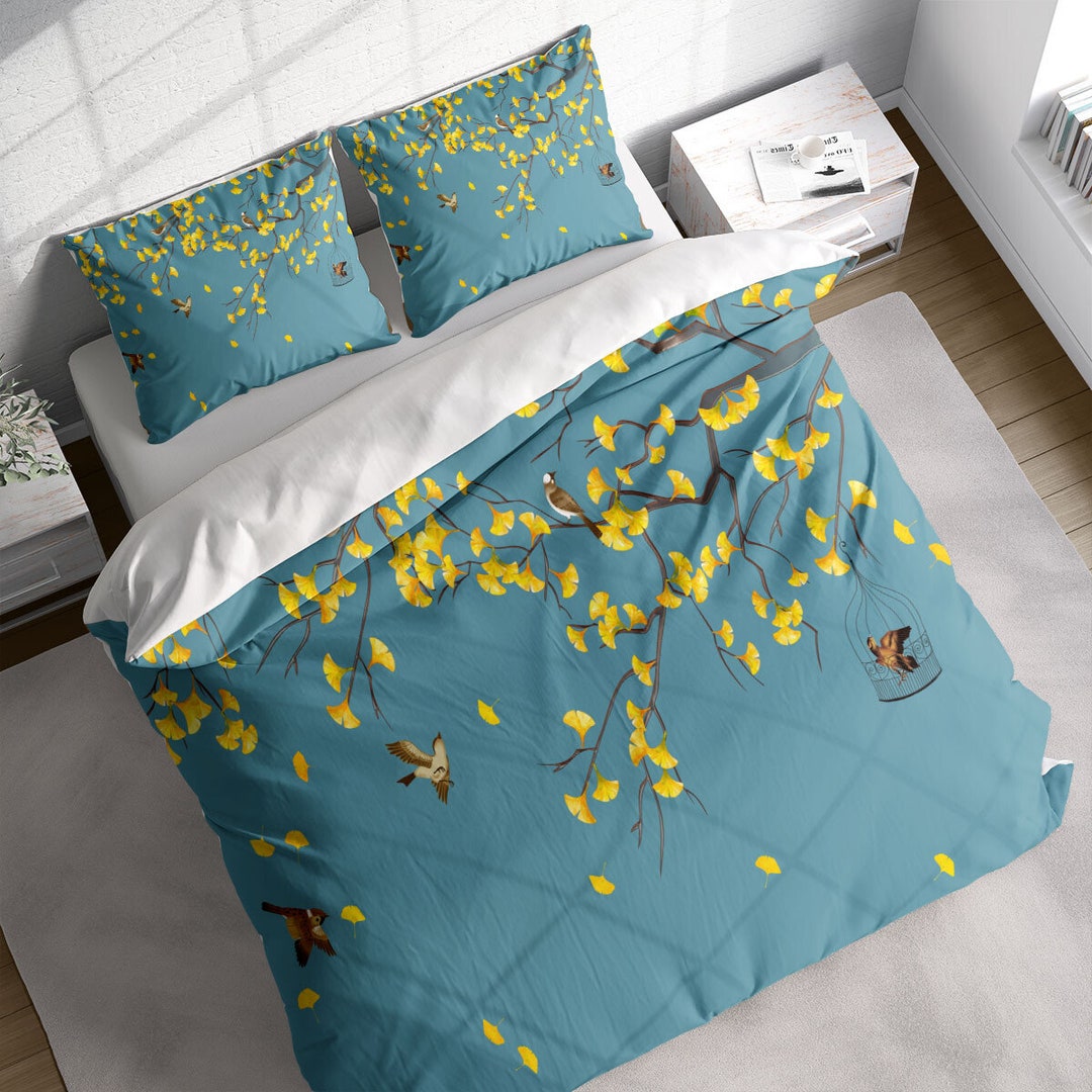 Japanese Yellow Ginkgo Leaves Birds Duvet Cover Set, Botanical Bedding ...
