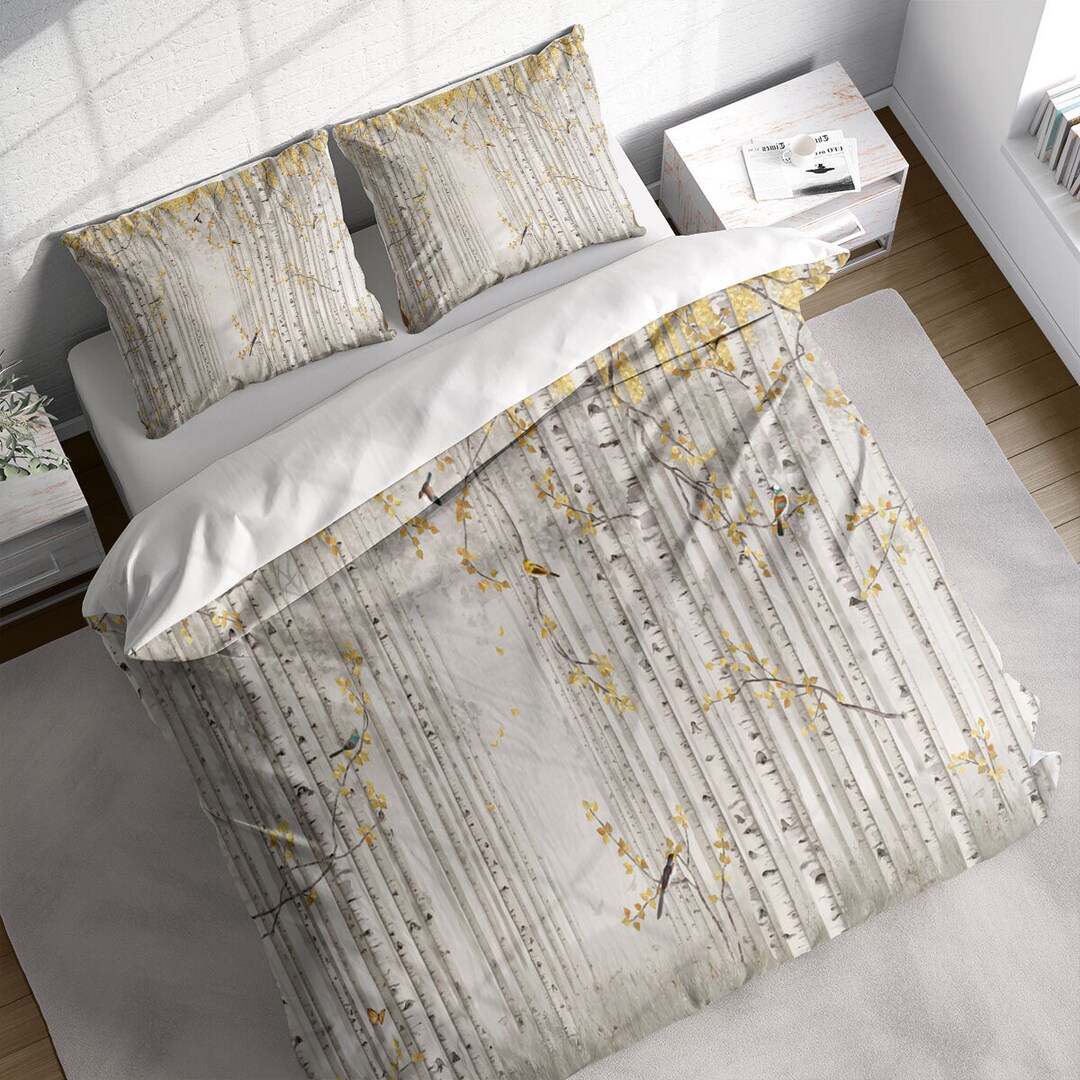 White Birch Forest and Birds Duvet Cover Set, Nature Botanical Bedding ...