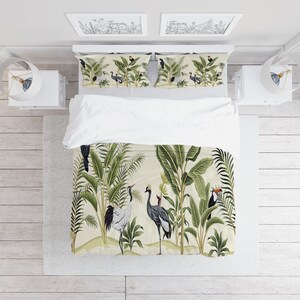 Rainforest Bird Parrot Duvet Cover Set, Green Floral Bedding, Single ...