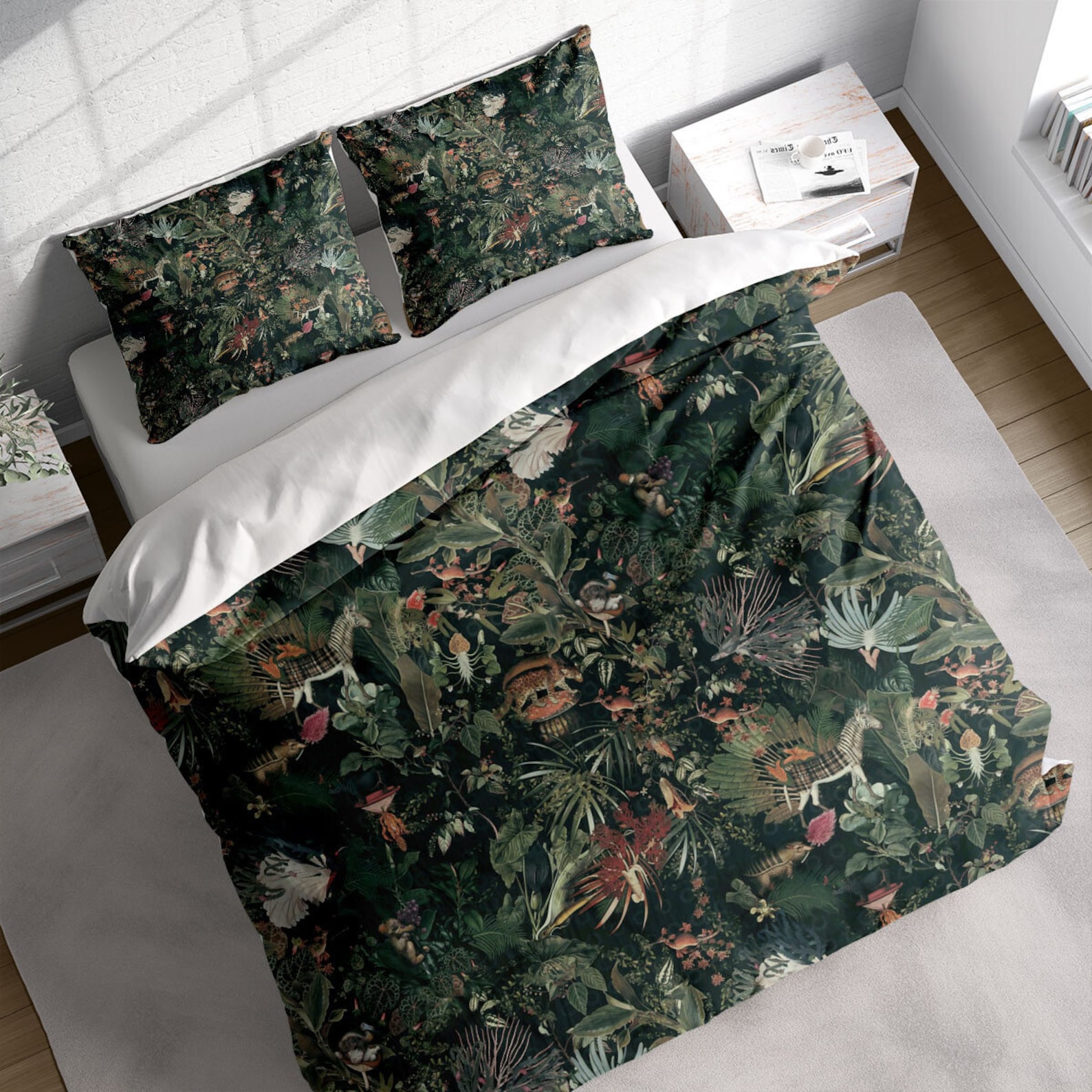 Forest and Wild Animals Duvet Cover Set, Nature Botanical Bedding Set ...