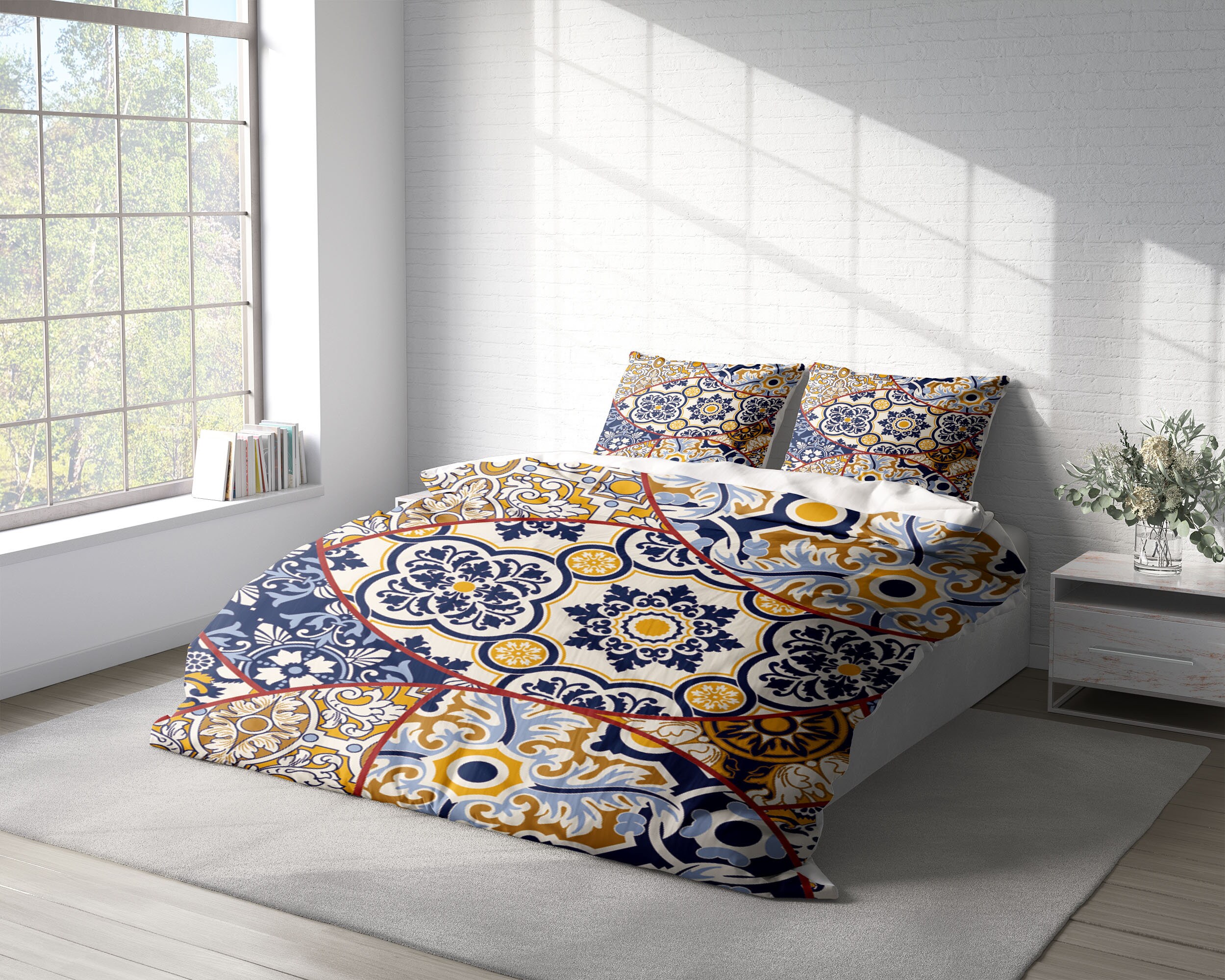 Ethnic Pattern Duvet Cover Set, Red Floral Bedding, Single Double Full ...