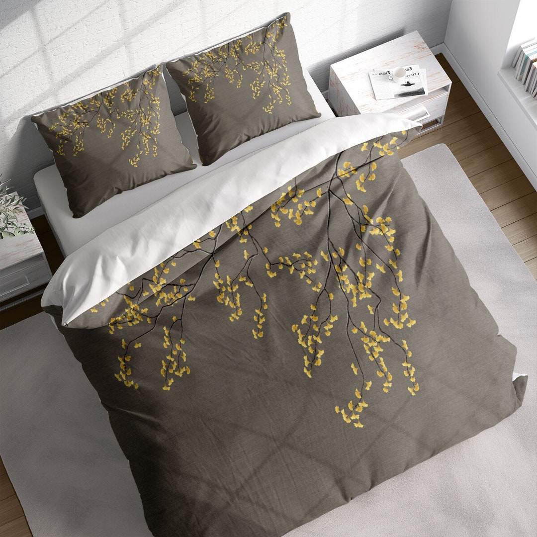 Japanese Yellow Ginkgo Tree Leaves Duvet Cover Set, Botanical Bedding ...