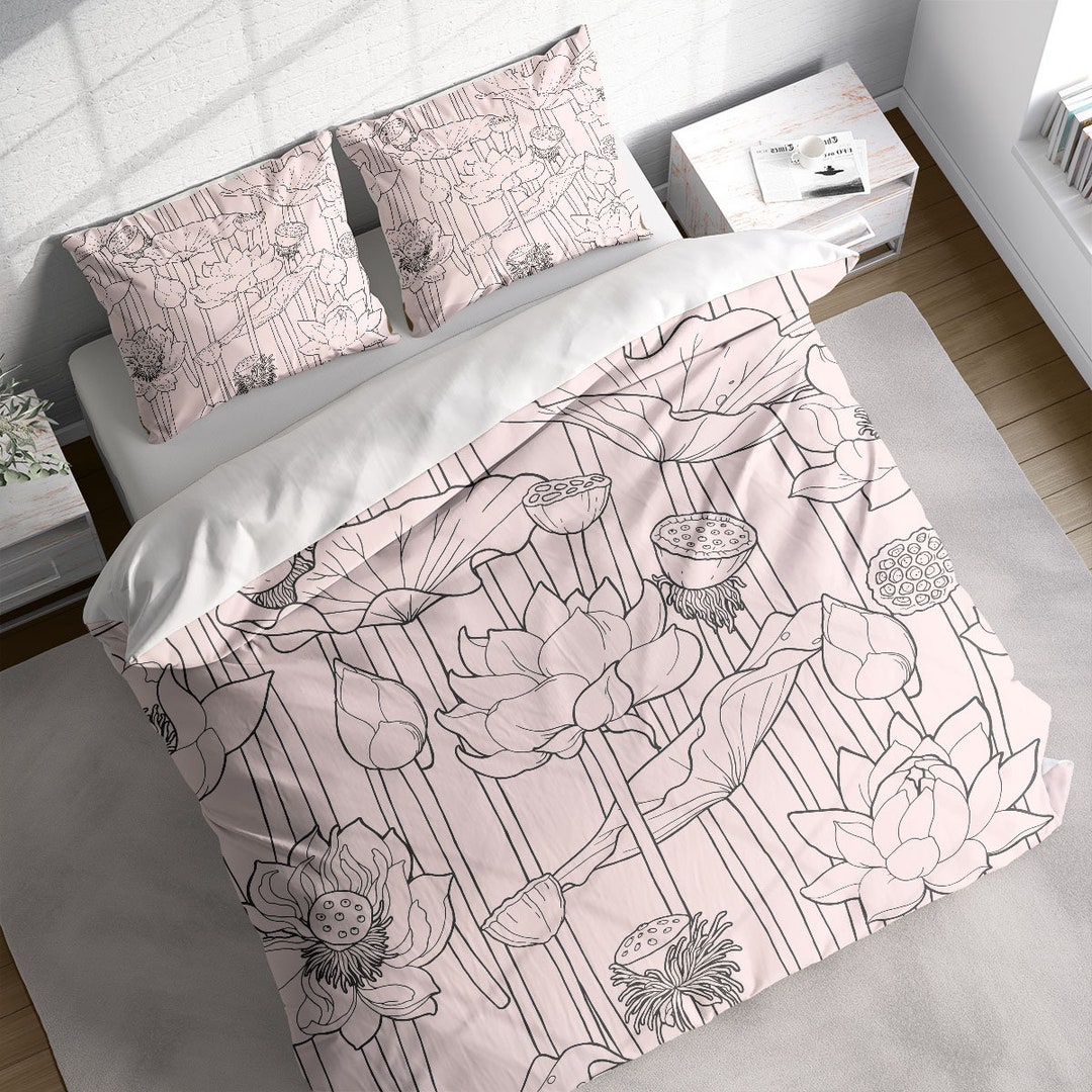 Pencil Drawing Lotus Duvet Cover Set, Botanical Quilt Cover, Comforter ...