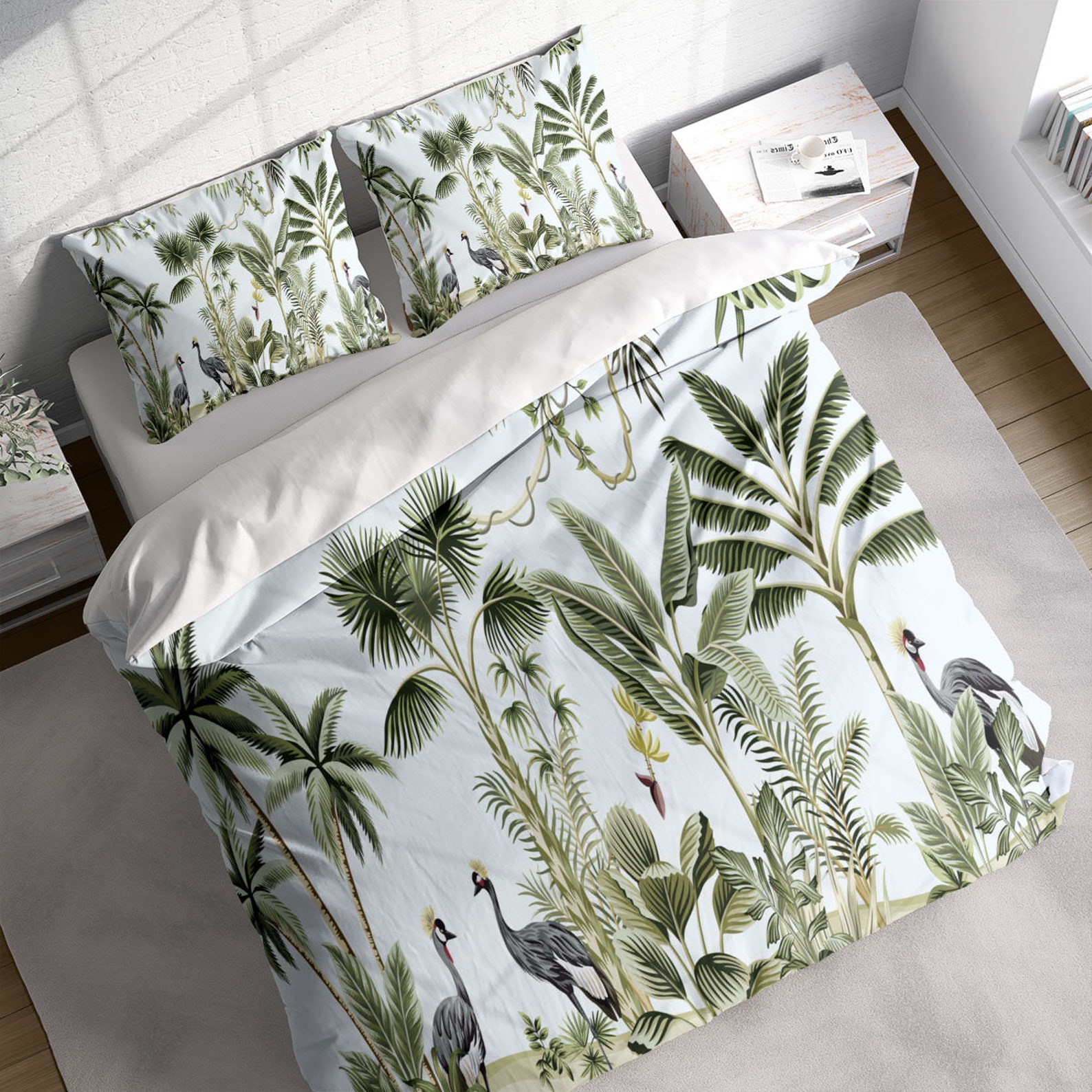 Rainforest Bird Peacock Duvet Cover Set, Green Floral Bedding, Single ...