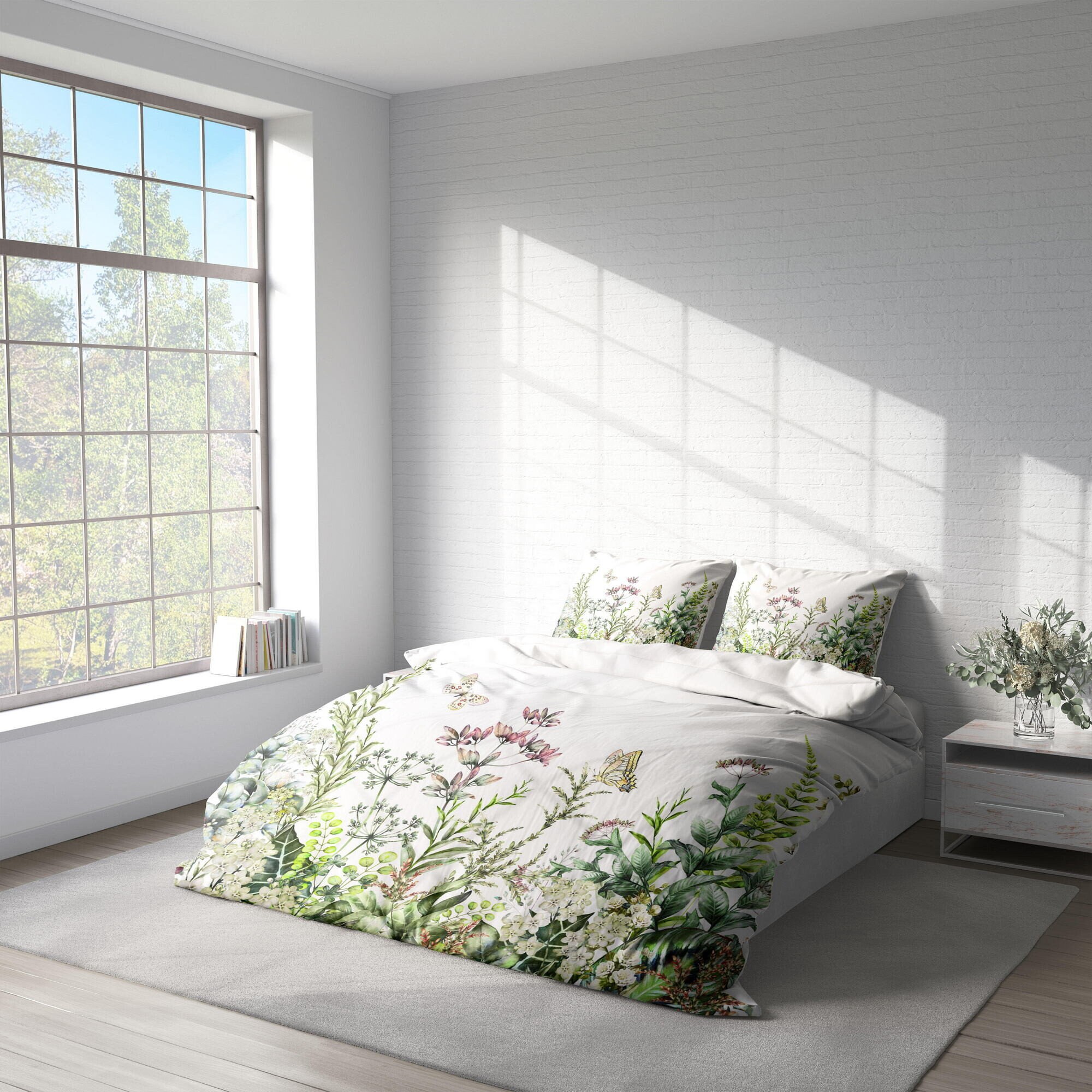 Flower Garden Butterflies Duvet Cover Set, Green Botanical Bedding Set ...