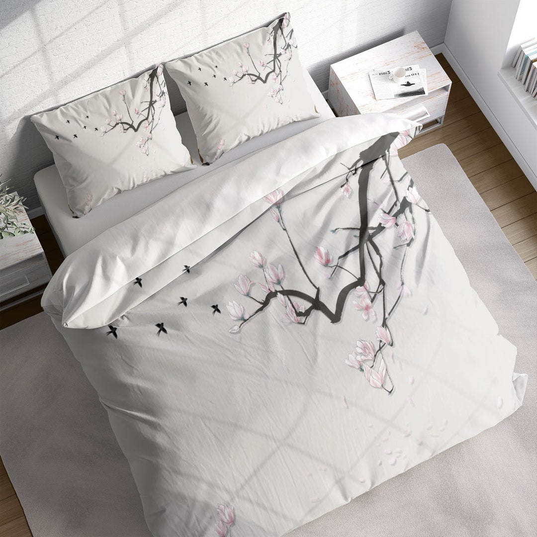Magnolia Flower Bird Winter Duvet Cover Set, Botanical Quilt Cover ...