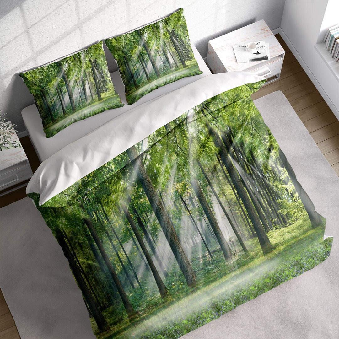 Green Forest Trees Duvet Cover Set, Nature Bedding Set, Botanical Quilt ...