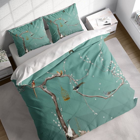 Chinoiserie Flower Tree Bird Cage Duvet Cover Set Botanical Bedding Nature Floral Comforter Cover Single Double Full Queen King Size Etsy Ireland