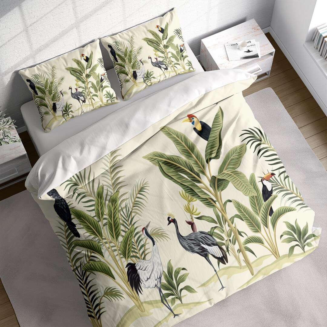 Rainforest Bird Parrot Duvet Cover Set, Green Floral Bedding, Single ...