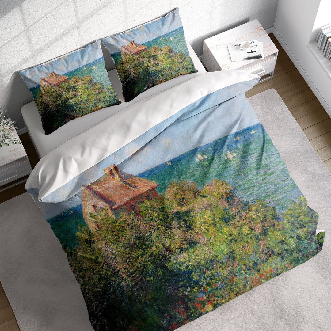 Sea Coast House Duvet Cover Set, Claude Monet Oil Painting Fisherman's ...
