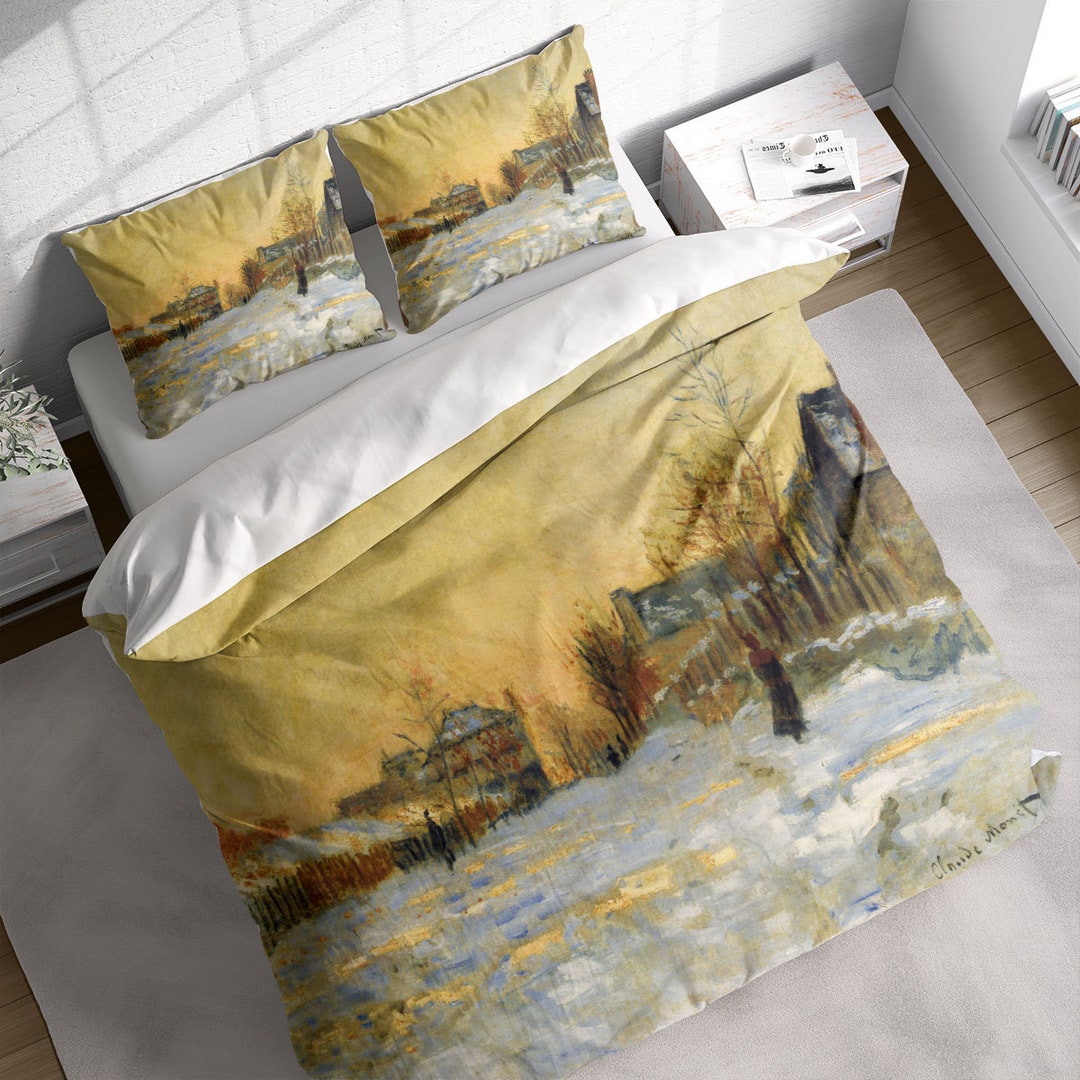 Winter Village Road Duvet Cover Set, Claude Monet Oil Painting Snow ...