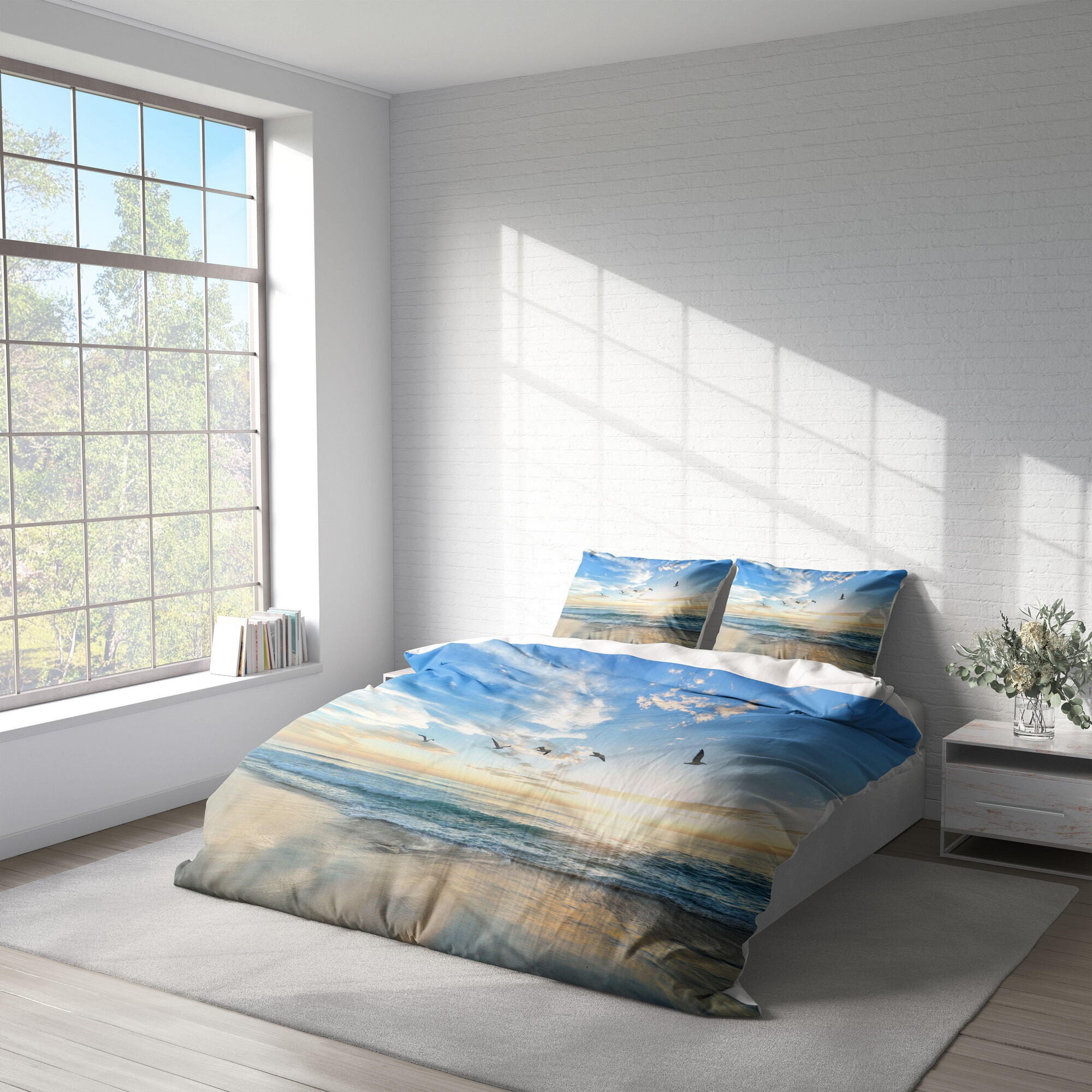 Sandy Beach Birds Duvet Cover Set, Summer Vacation Bedding Set, Seaside ...