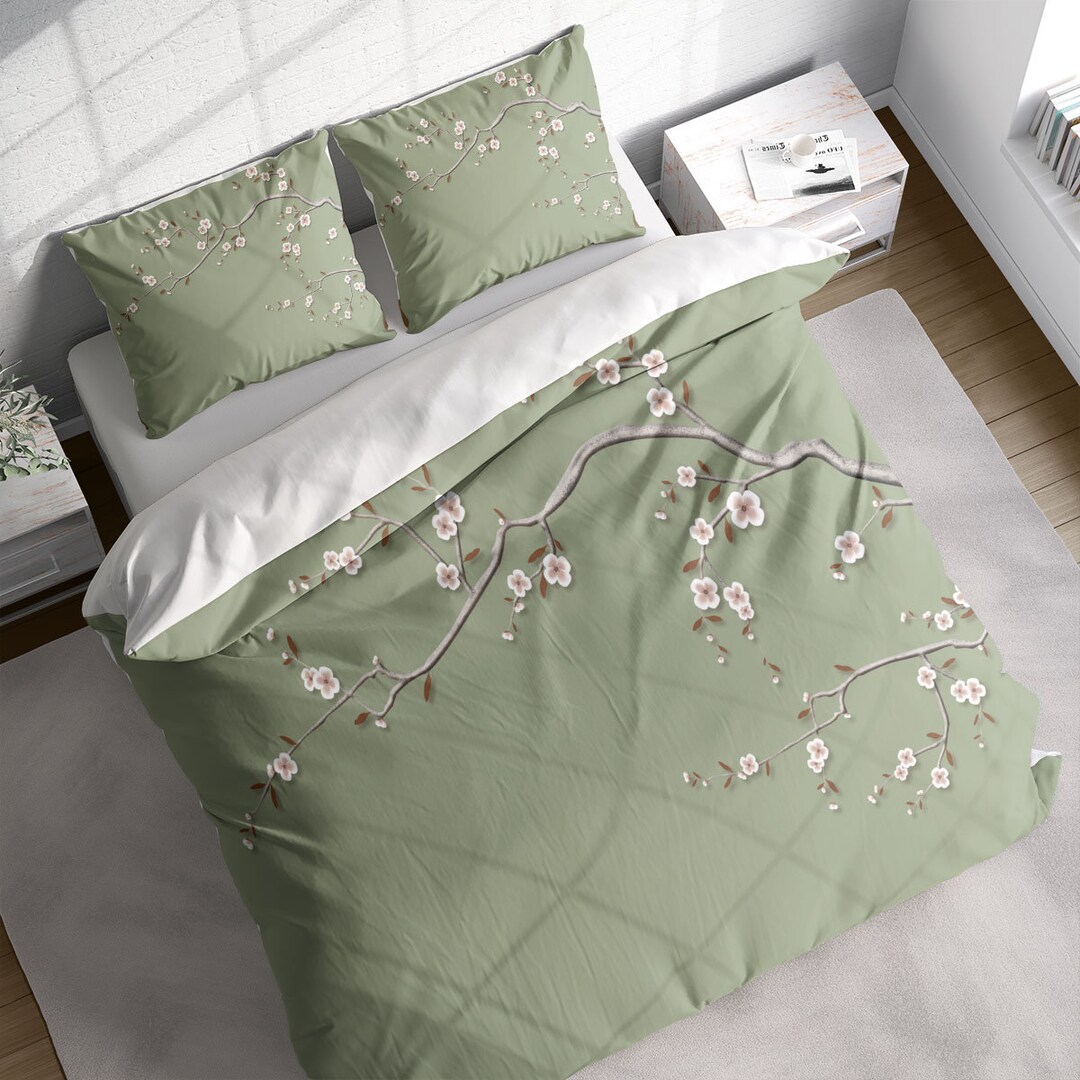 Cherry Flower Branch Duvet Cover Set, Botanical Quilt Cover, Comforter ...