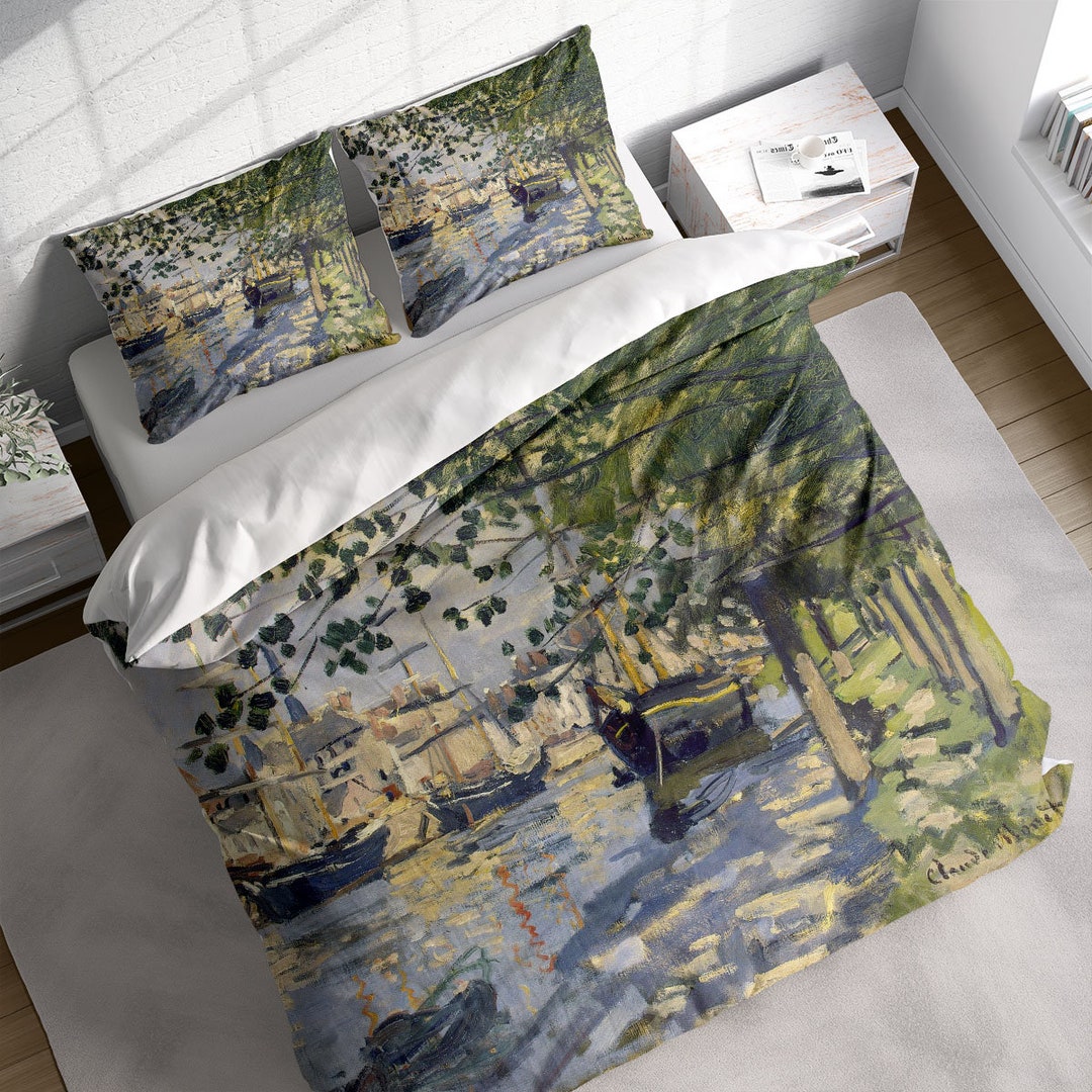 Tree River Leaves Duvet Cover Set, Claude Monet Oil Painting Seine at ...