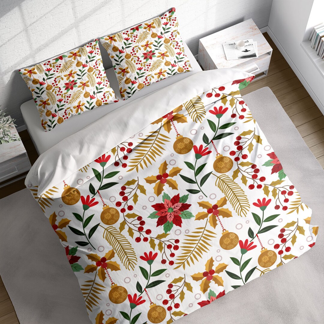 Mistletoe Christmas Duvet Cover Set, Holiday Theme Bedding, Yellow ...