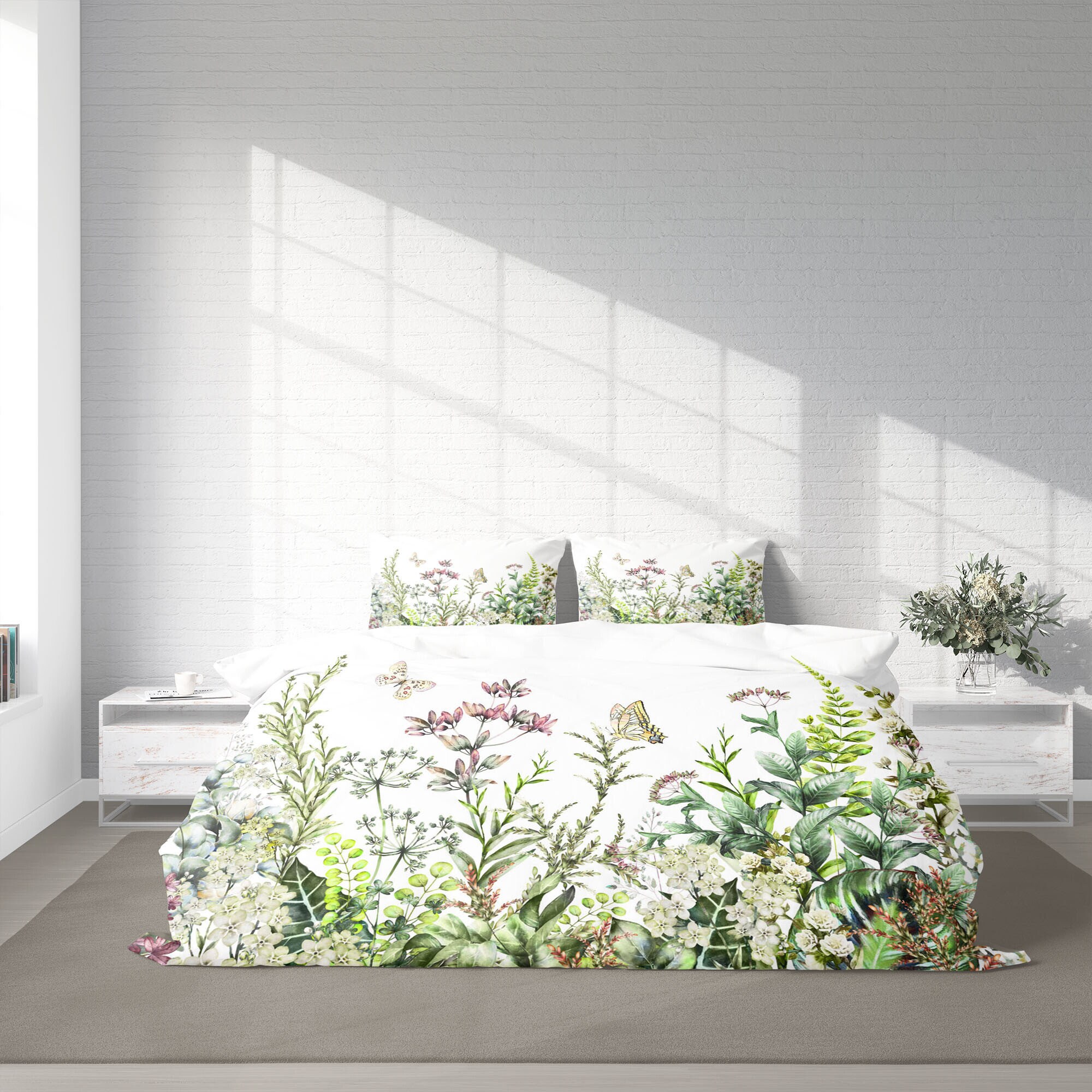 Flower Garden Butterflies Duvet Cover Set, Green Botanical Bedding Set ...