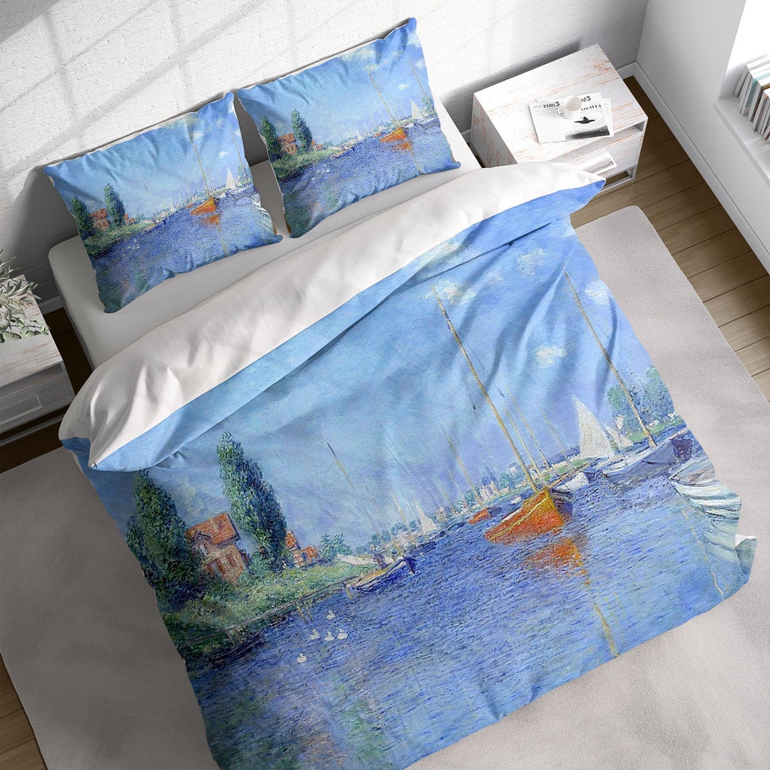 River Bank Sailboat Duvet Cover Set, Claude Monet Oil Painting Red ...