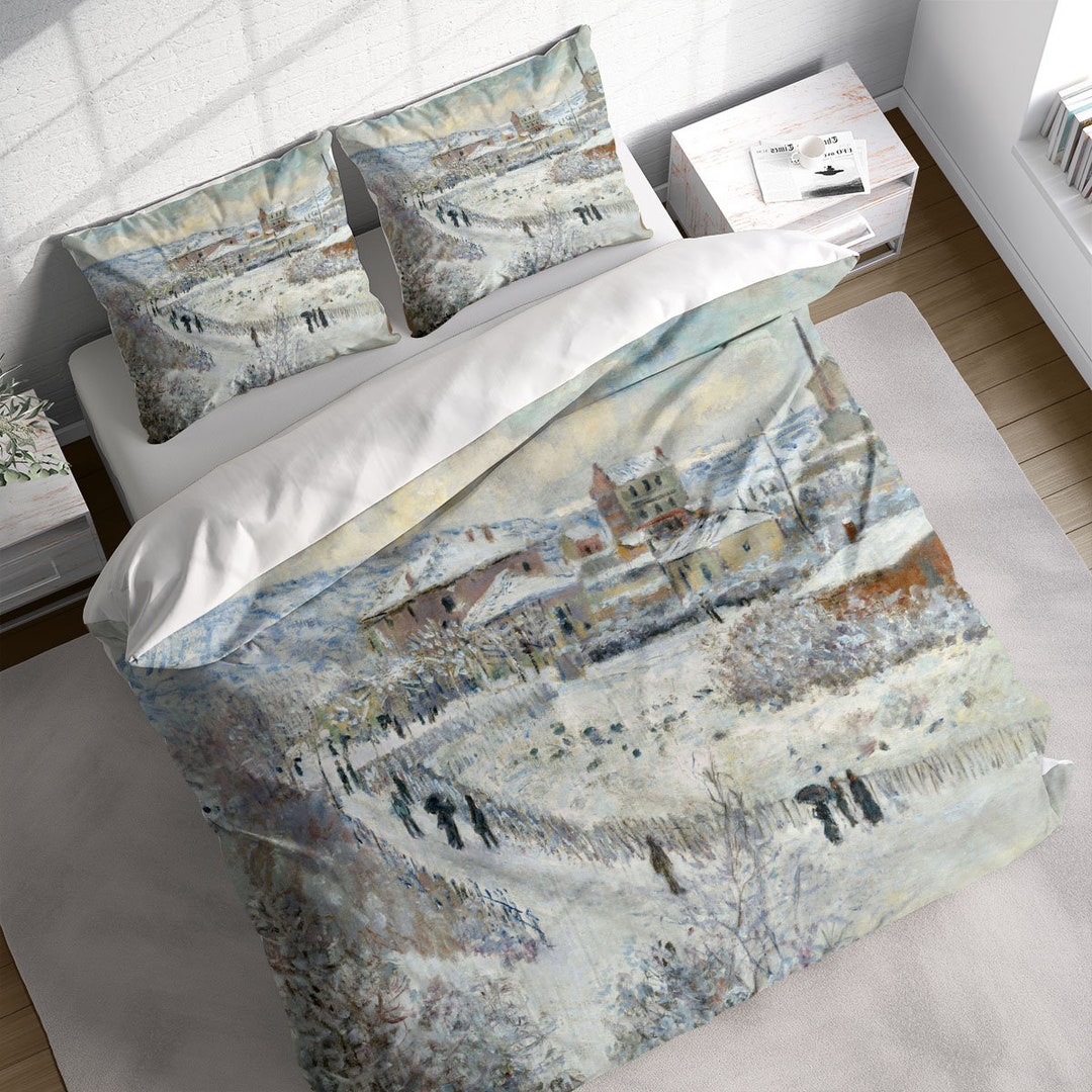 Winter Village Road Duvet Cover Set, Claude Monet Oil Painting View of ...