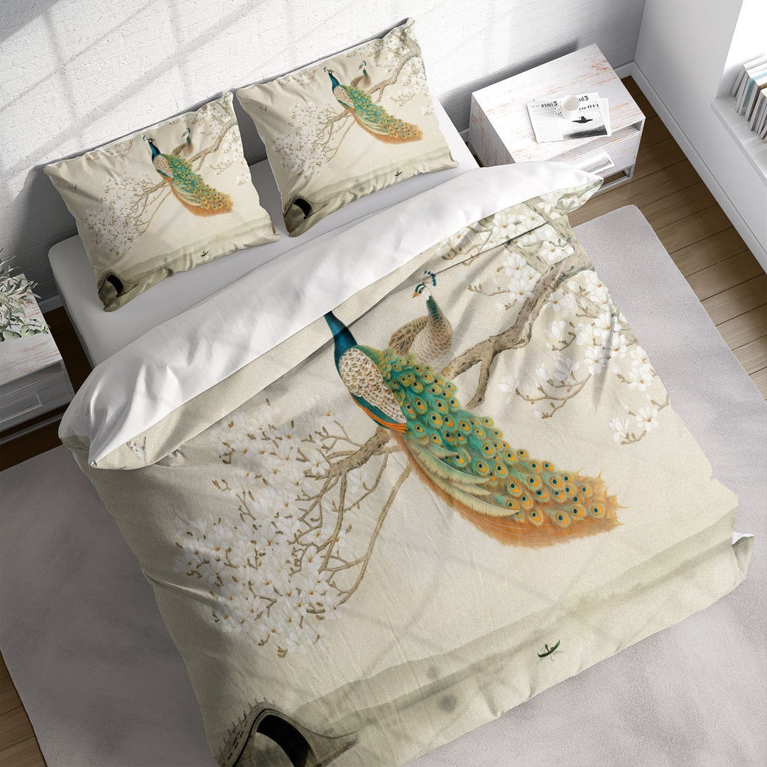 Magnolia Peacock Arch Bridge Duvet Cover Set, Botanical Quilt Cover ...