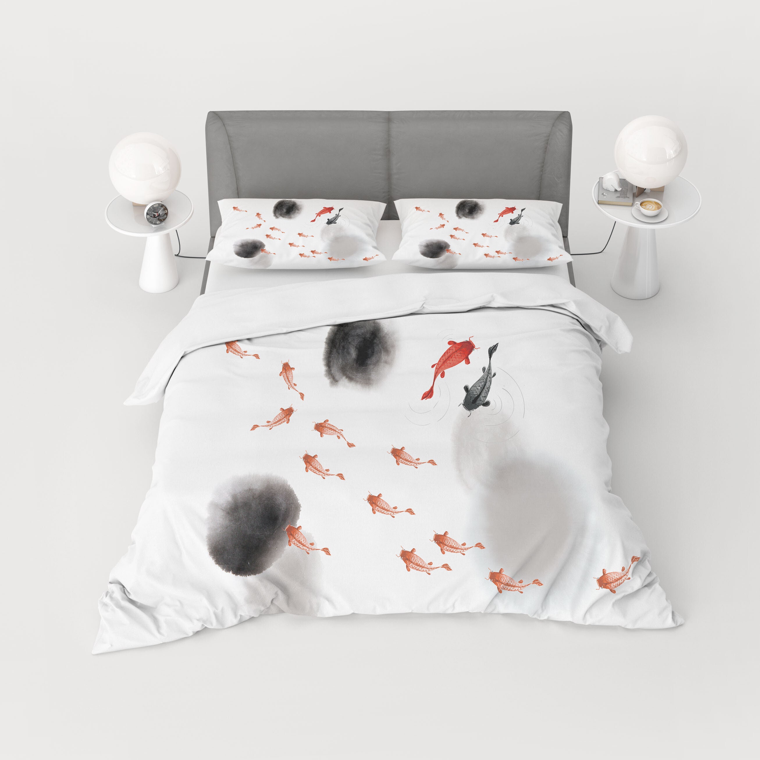 Japanese Koi Fish Pond Ink Painting Duvet Cover Set Botanical | Etsy
