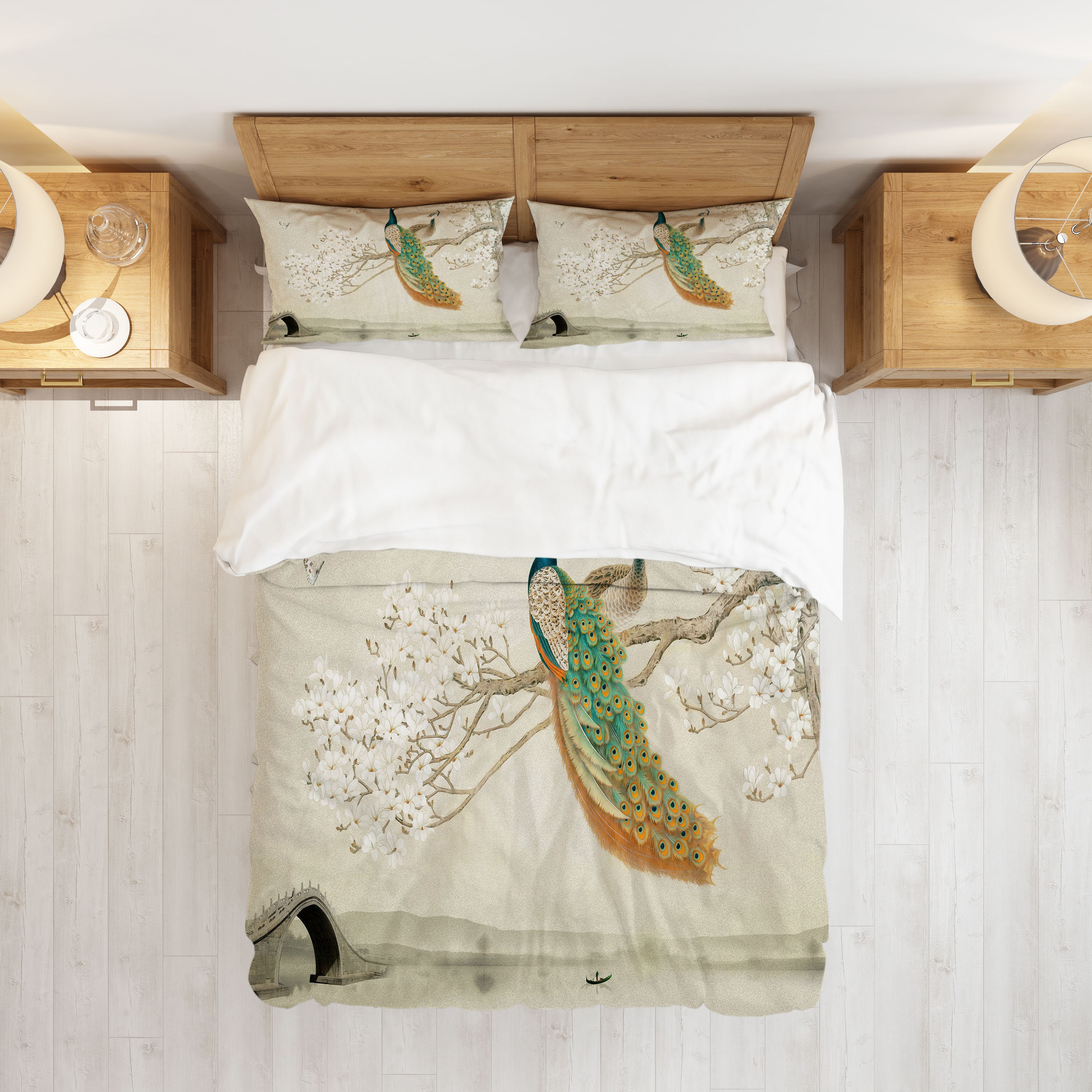 Magnolia Peacock Arch Bridge Duvet Cover Set, Botanical Quilt Cover ...