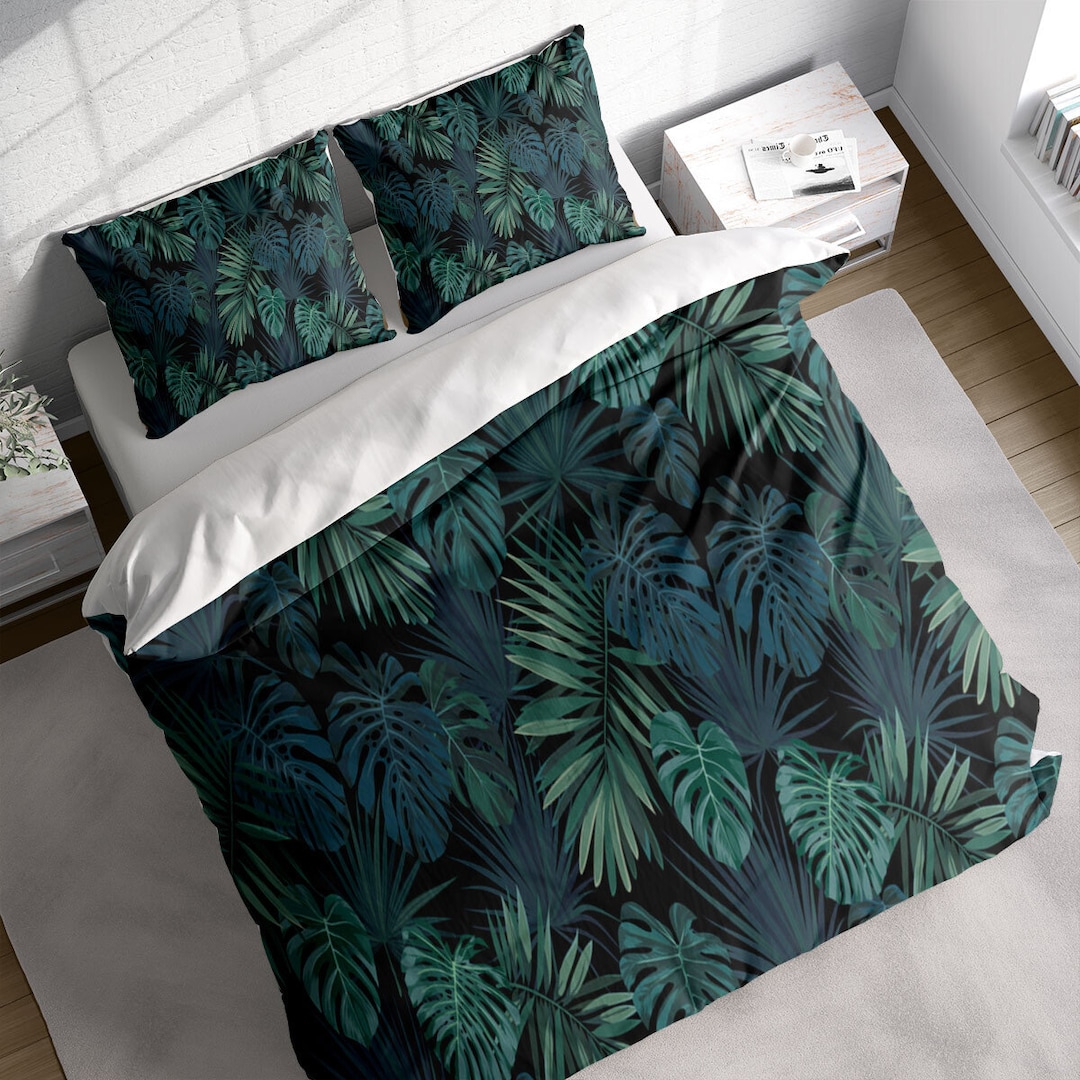 Tropical Monstera Leaves Duvet Cover Set, Green Botanical Leaves ...