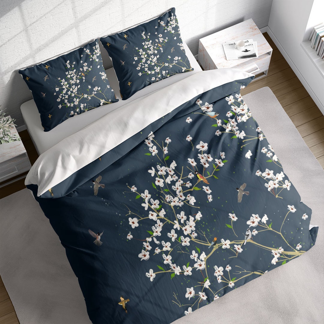 White Flower Robin Night Duvet Cover Set, Botanical Quilt Comforter ...