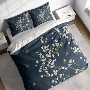 White Flower Robin Night Duvet Cover Set, Botanical Quilt Comforter ...