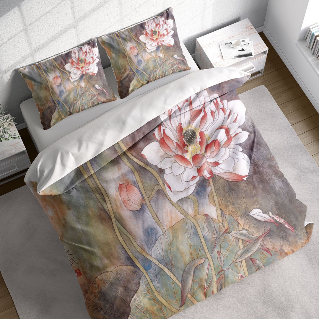Lotus Duvet Cover Set, Floral Chinese Bedding Set, Botanical Comforter ...