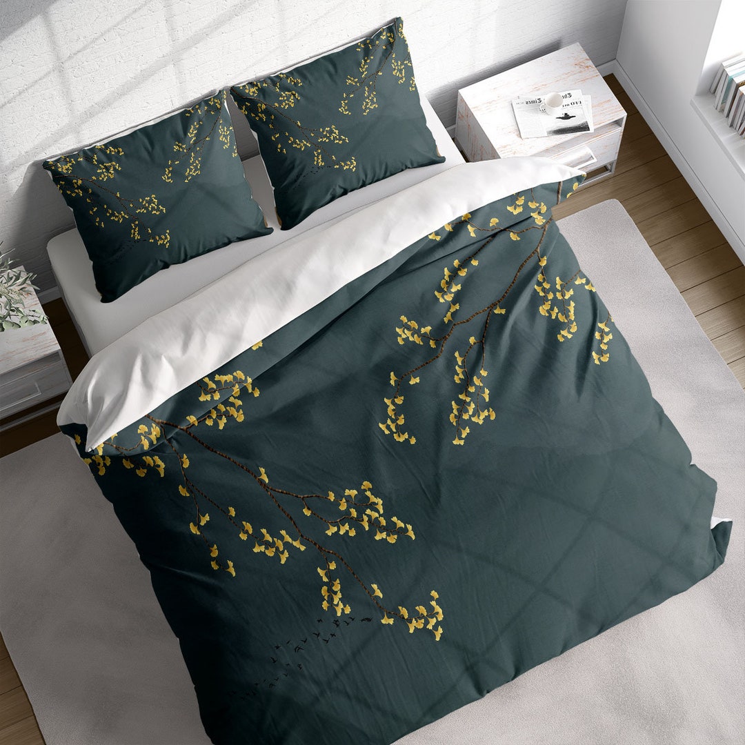 Ginkgo Distant Mountain Birds Duvet Cover Set, Botanical Quilt Cover ...