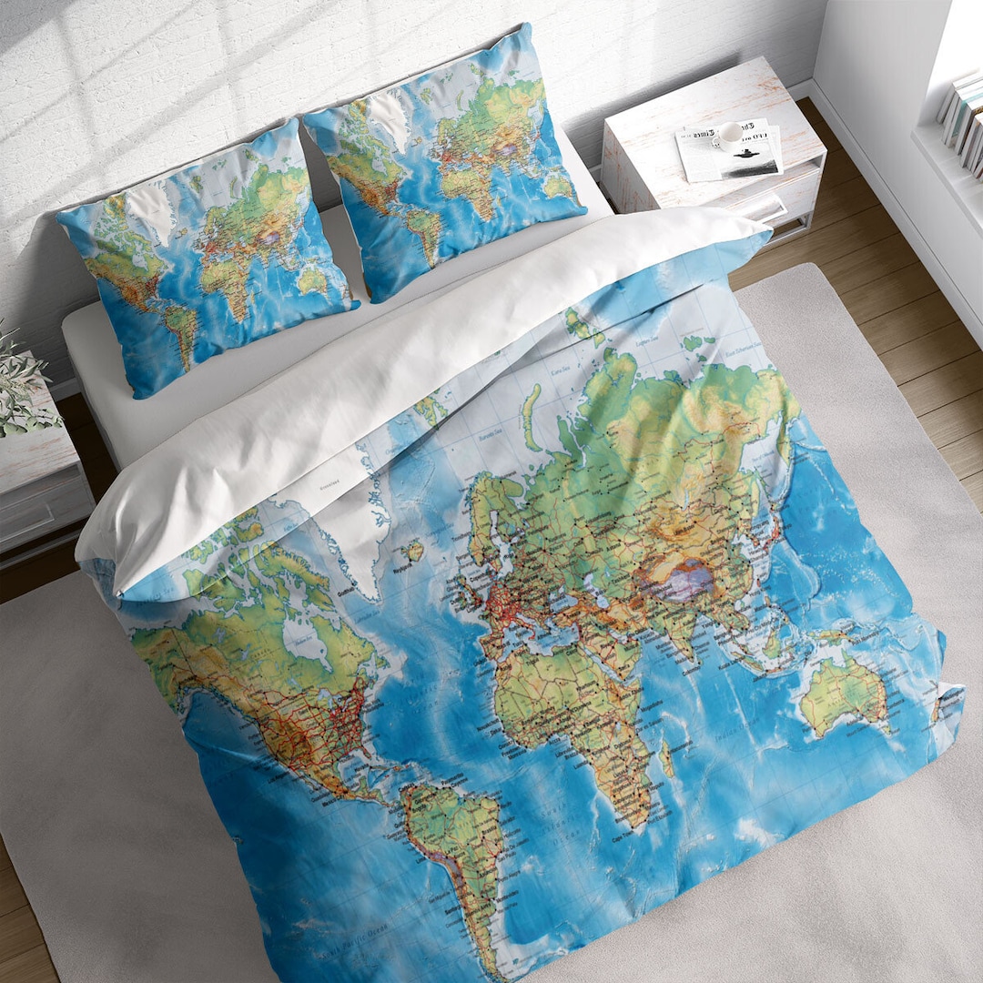 World Map Duvet Cover Set, World Countries Bedding Set, Road Map Quilt ...
