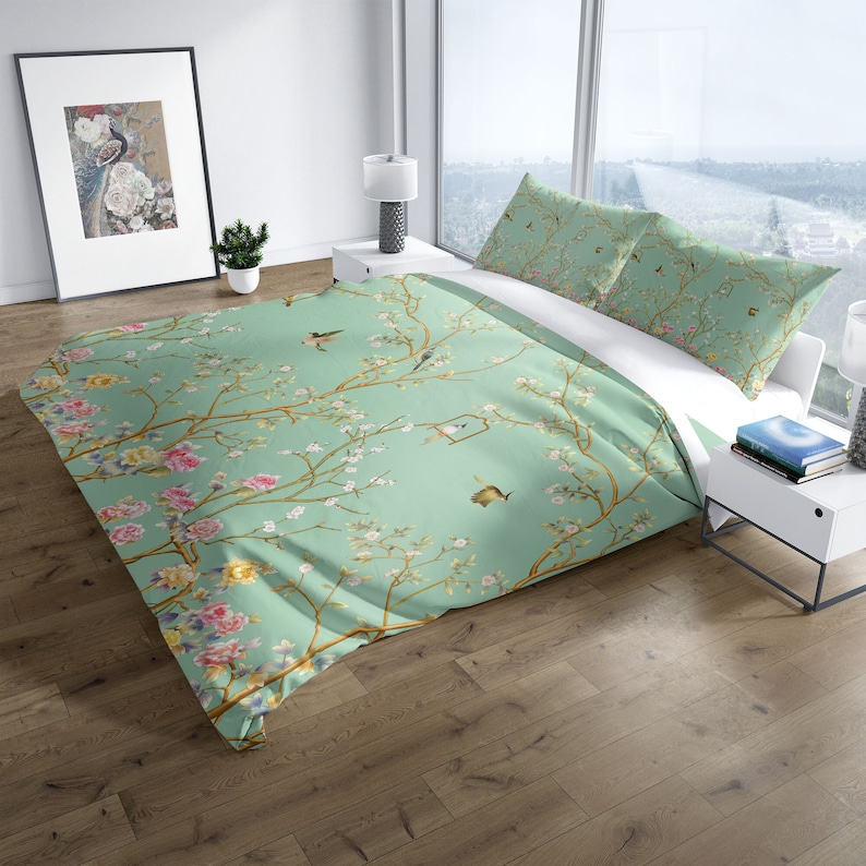 Japanese Flower Garden Birds Green Duvet Cover Set, Botanical Bedding ...