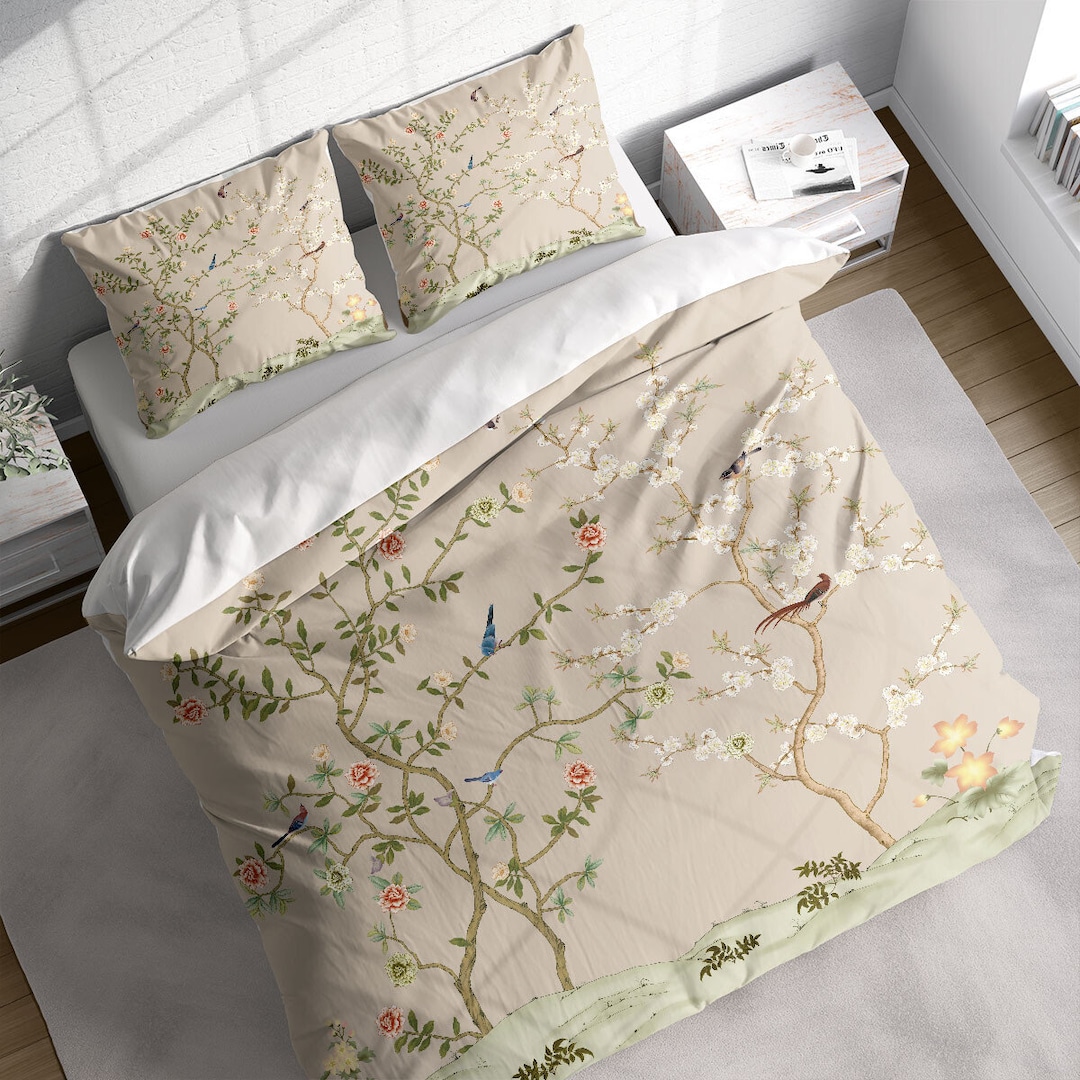 Chinoiserie Flower Garden Birds Duvet Cover Set, Botanical Bedding ...