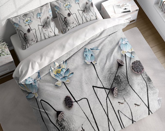 Lotus Bedding - Japanese Lotus by Nina_leth - Patchwork Blue White ...