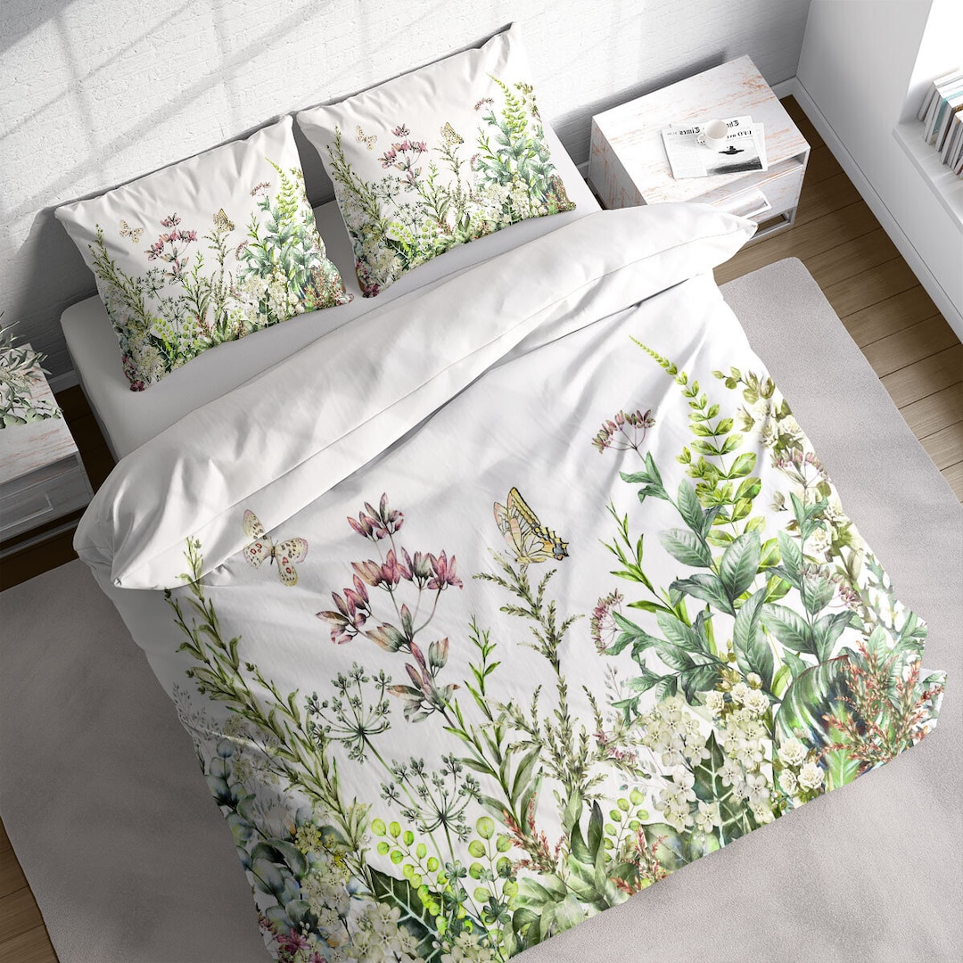 Flower Garden Butterflies Duvet Cover Set, Green Botanical Bedding Set ...